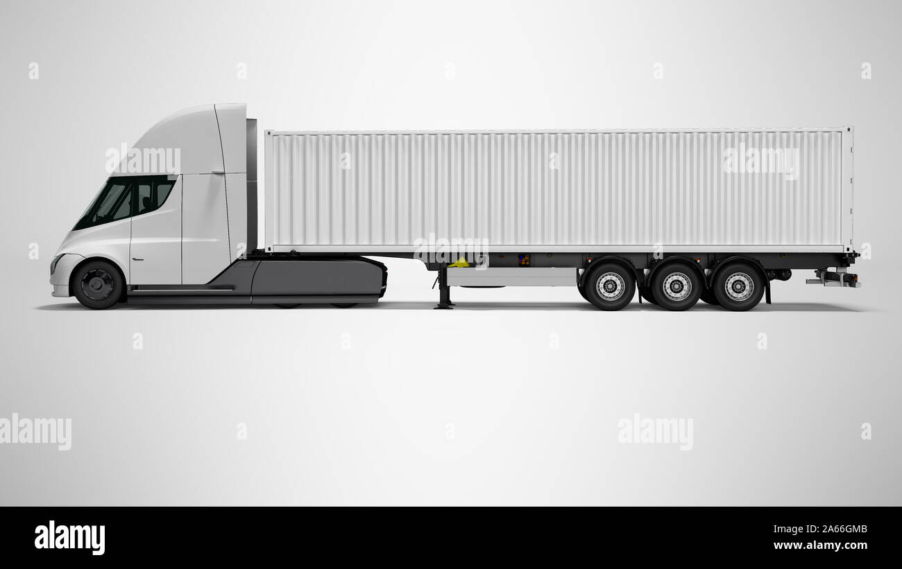 New white electric tractor with trailer left view 3d render on gray ...