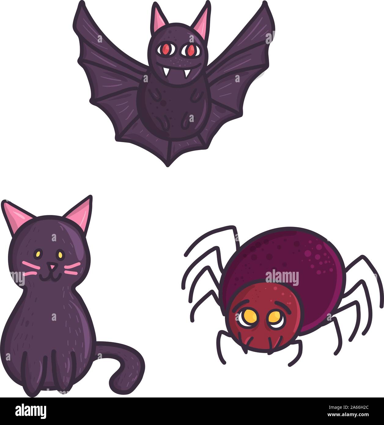 Flat set with funny bat, cat and spider for decoration design. Vector ...