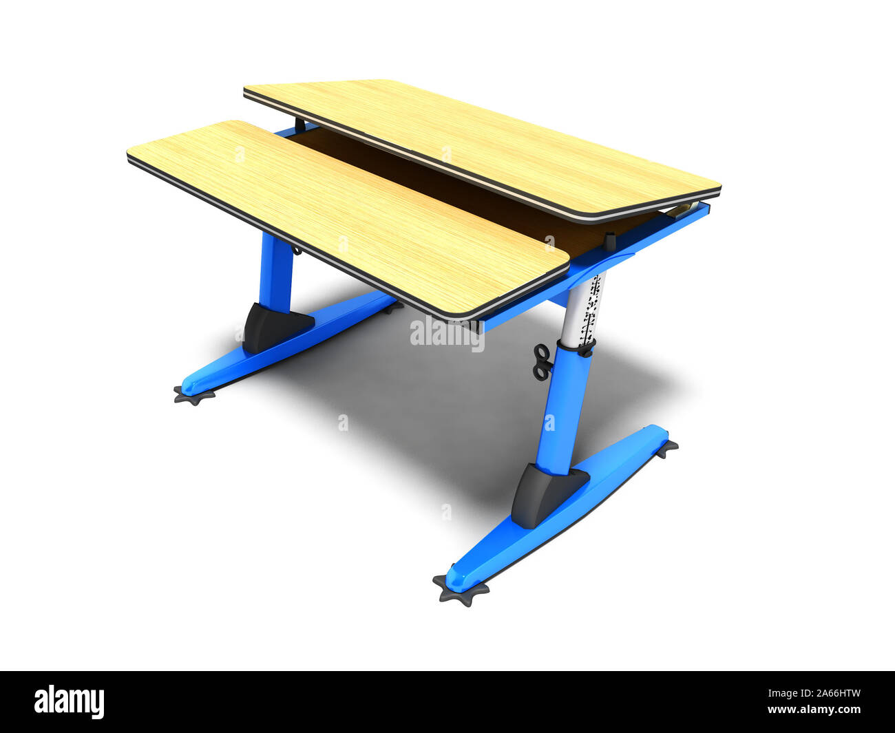 Modern blue school desk with height adjustment 3d render on white ...