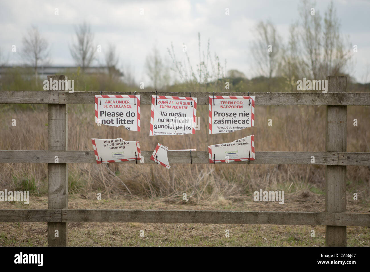 Broken area under surveillance signs in different languages Stock Photo ...
