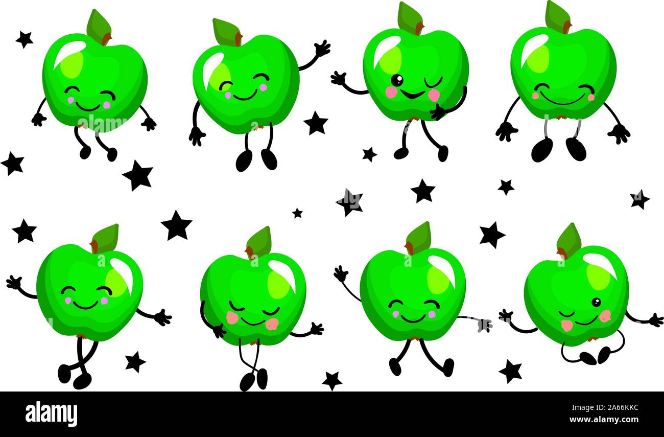 Green apple. Character is cheerful with arms and legs. Set of fruits on ...