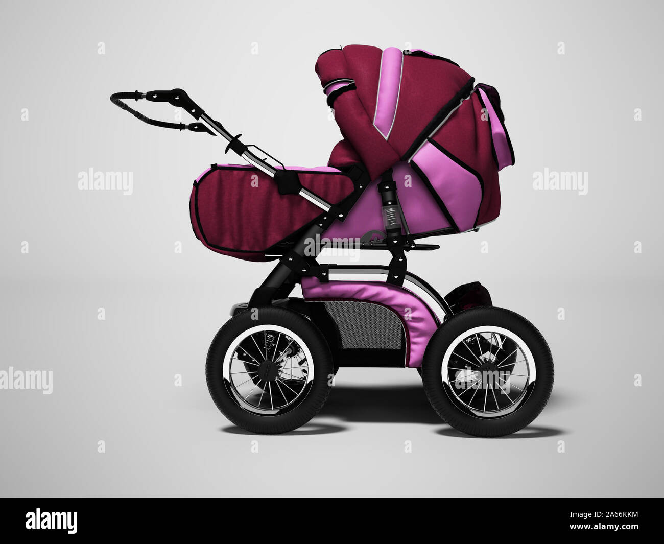 Walking new pink stroller for baby side view 3d render on gray ...