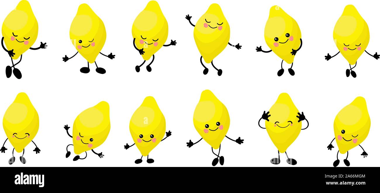 The lemon is yellow. Character is cheerful with arms and legs. Set of ...