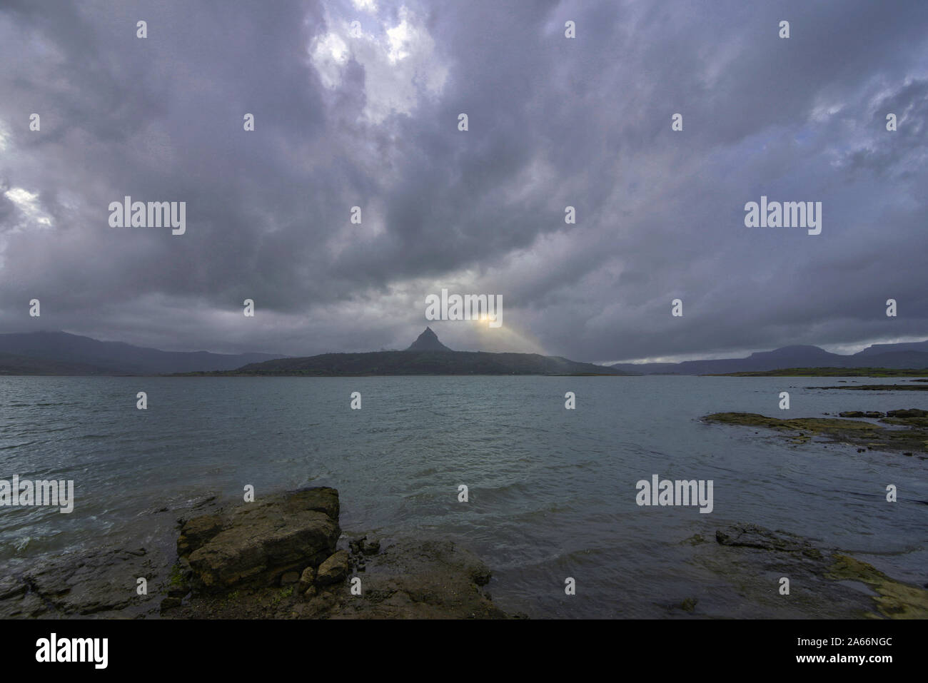 View of Tung fort from pawna lake,Lonavala,Maharashtra,India Stock ...