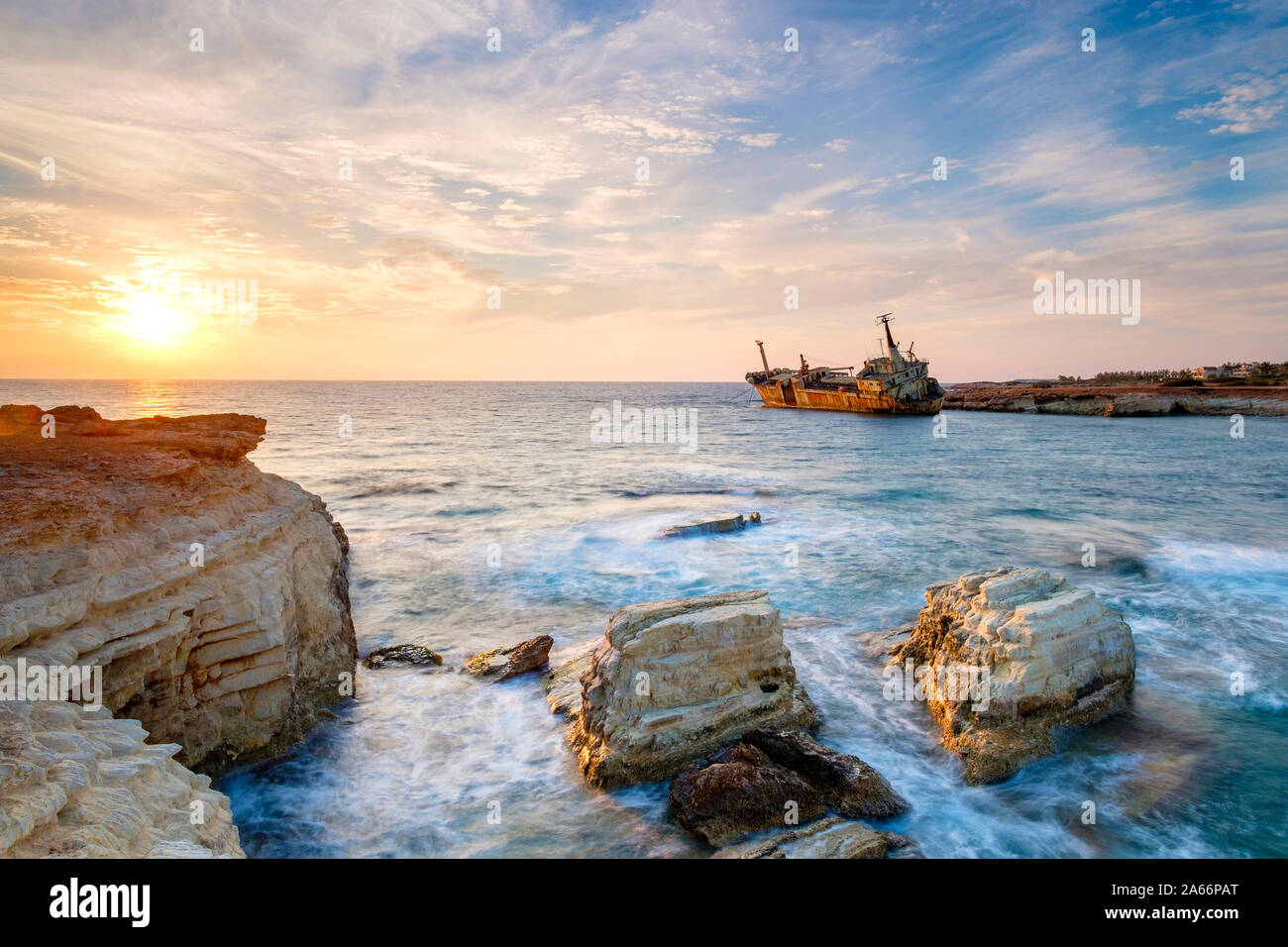 The Edro III Shipwreck at sunset, near Peyia (Pegeia), Paphos District ...