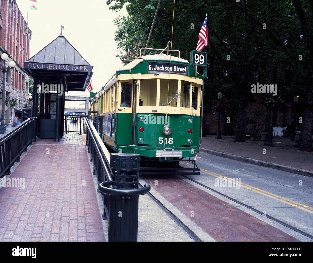 Waterfront-route streetcar stops at Occidental Park off Pioneer Square ...