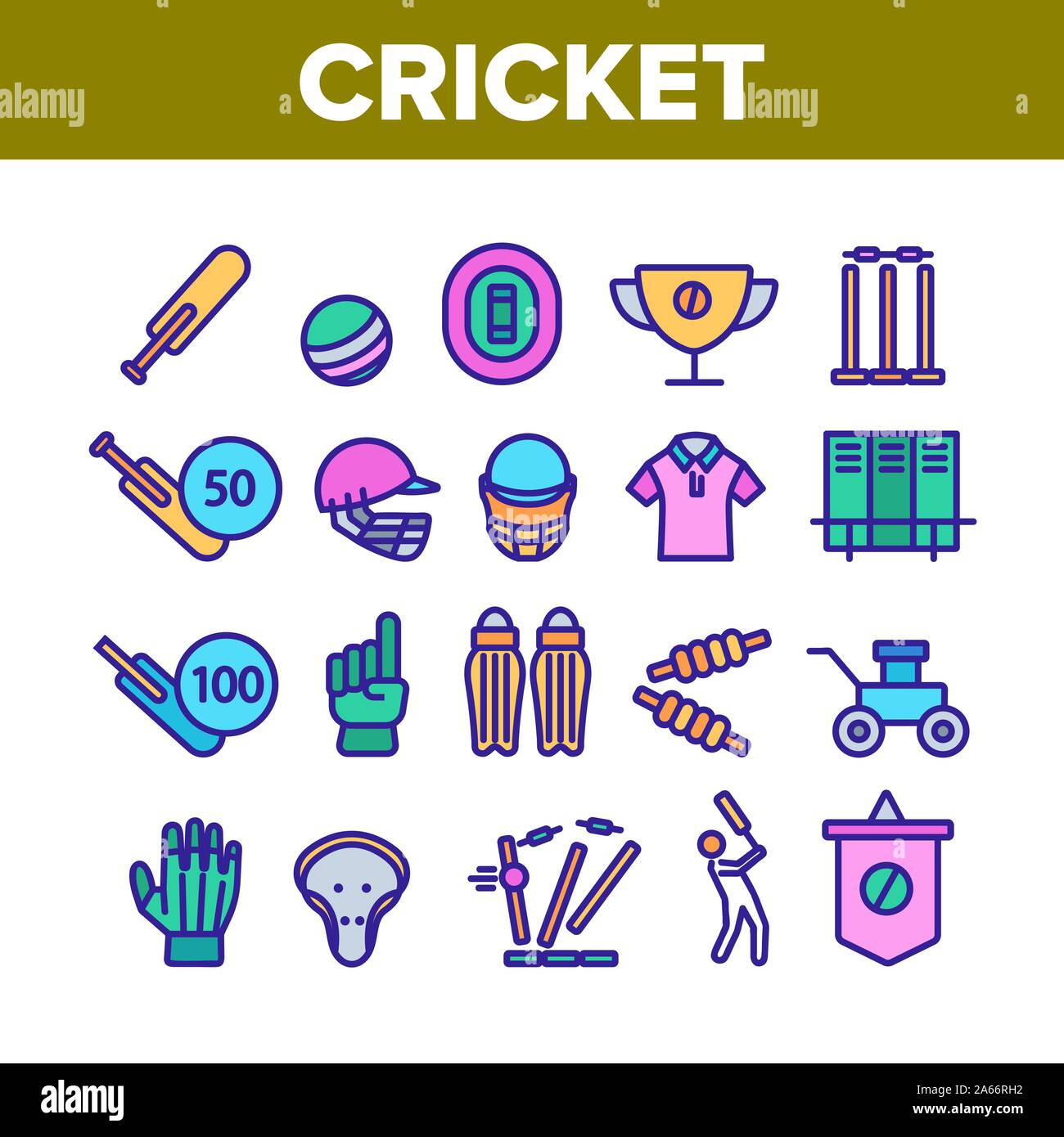 Cricket Collection Game Elements Icons Set Vector Stock Vector Image ...
