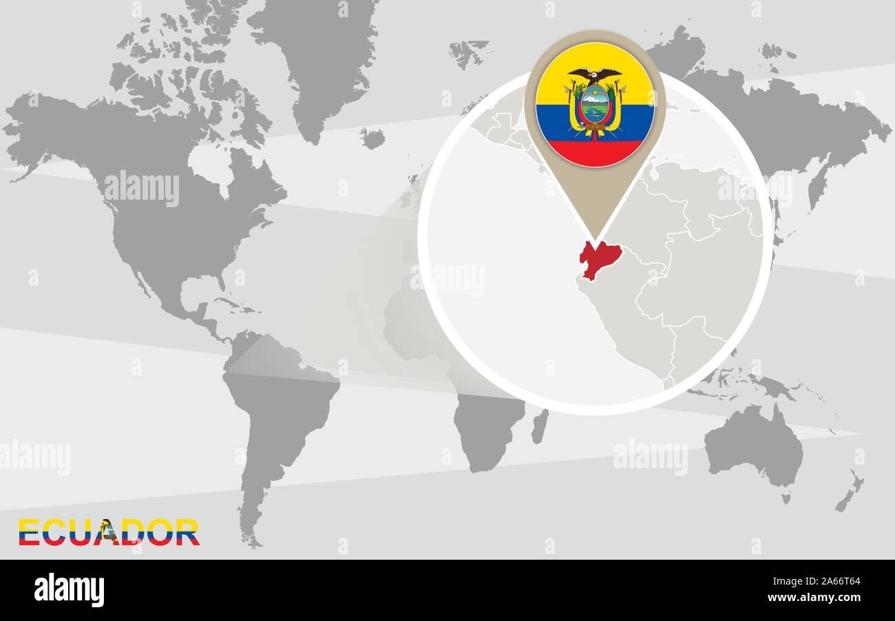 World map with magnified Ecuador. Ecuador flag and map Stock Vector ...