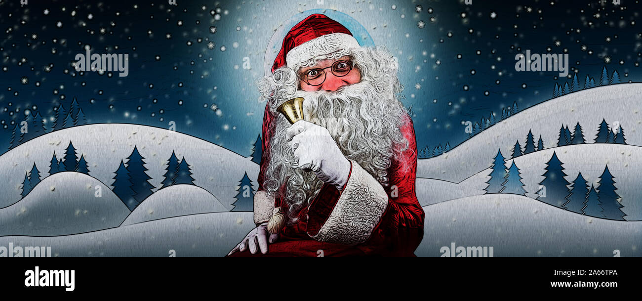 Santa Claus in Snow Fields With Full Moon and Starry Sky illustration ...