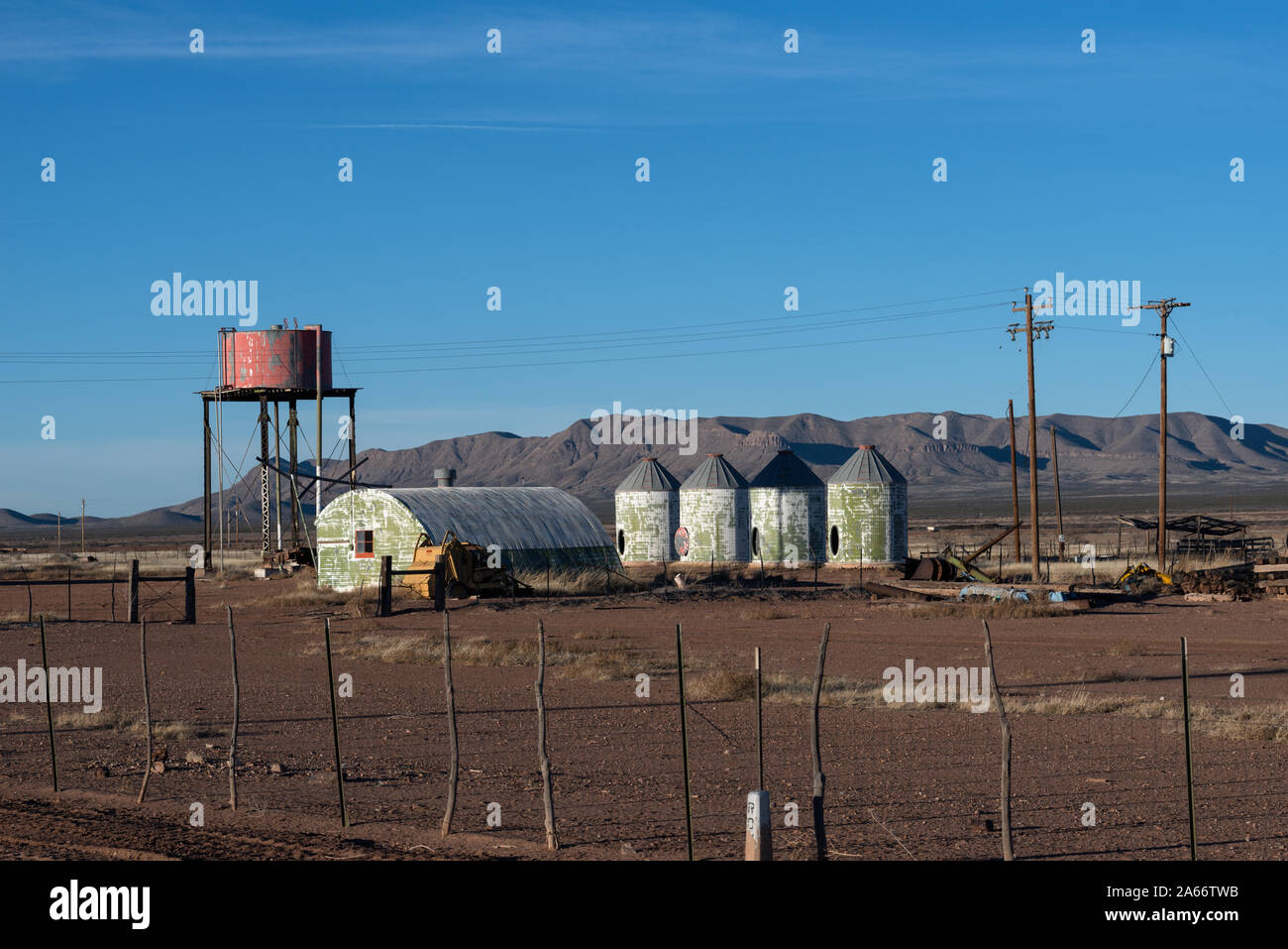Weathered metal structures in the mostly deserted town of Lobo, south ...
