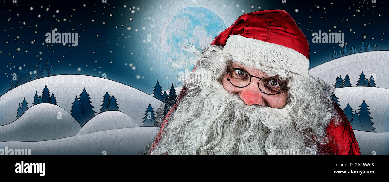 Santa Claus in Snow Fields With Full Moon and Starry Sky illustration ...