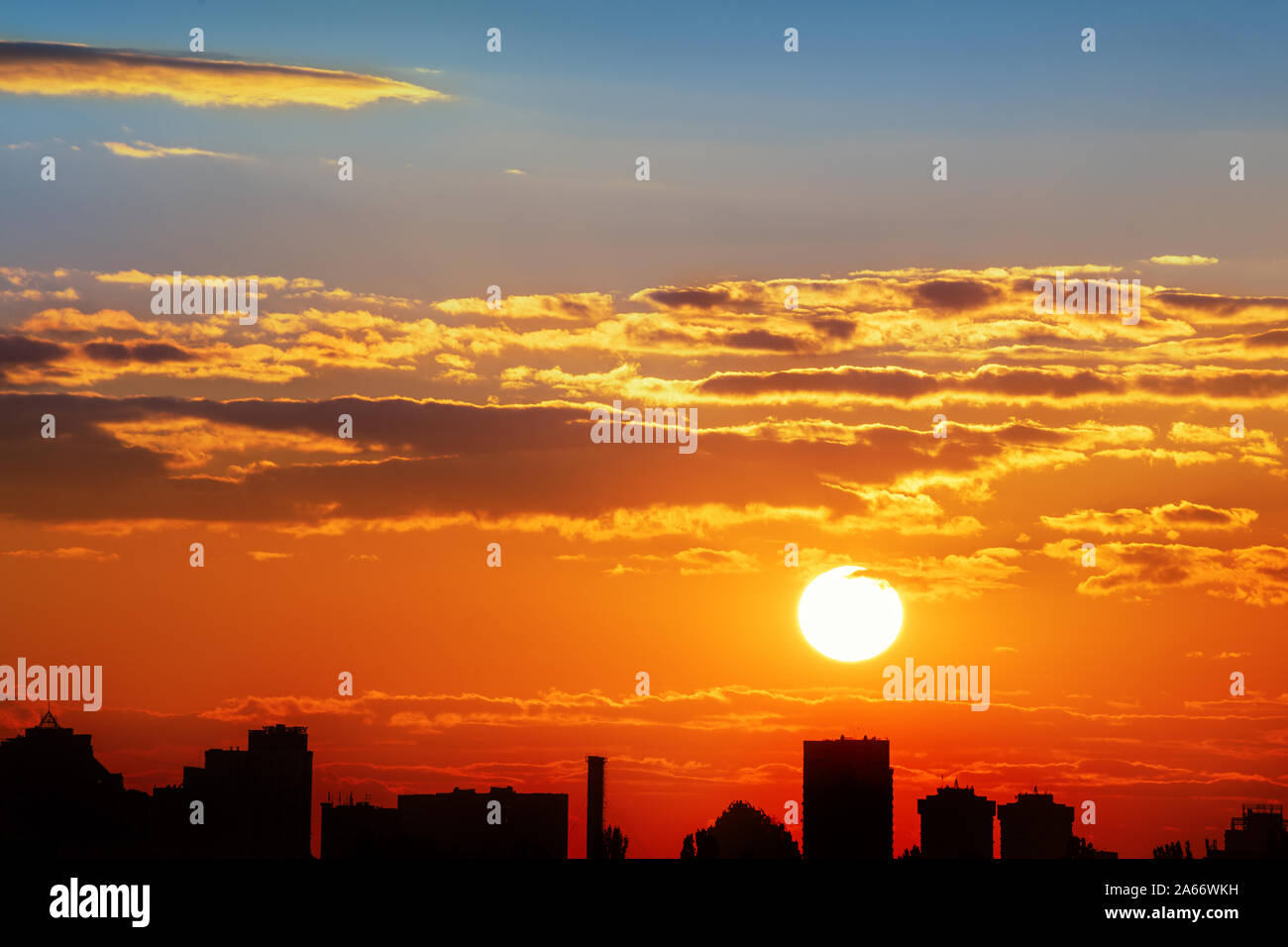 Dramatic colorful fiery red sunset or sunrise sky landscape with line ...