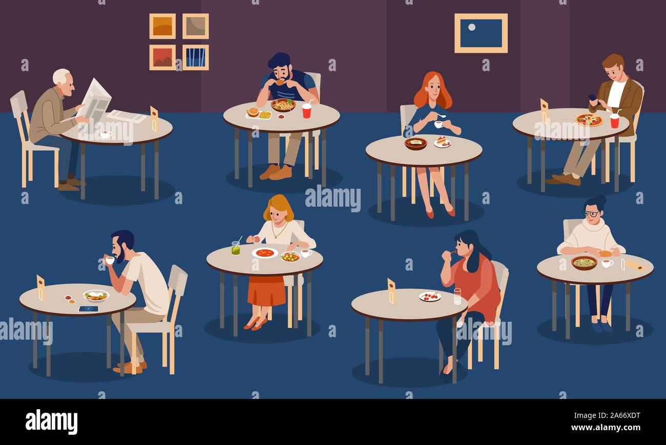 Creative human collection. Tiny people sitting at tables in large hall ...