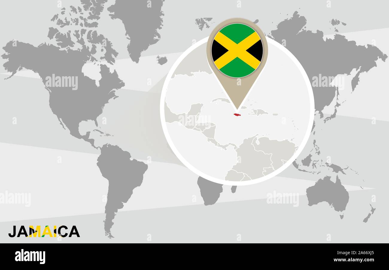 World map with magnified Jamaica. Jamaica flag and map Stock Vector ...