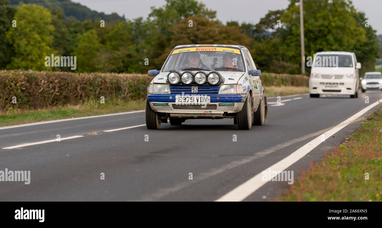 Car Peugeot 205 GTi at Wales GB Rally in-between stages at Newtown ...