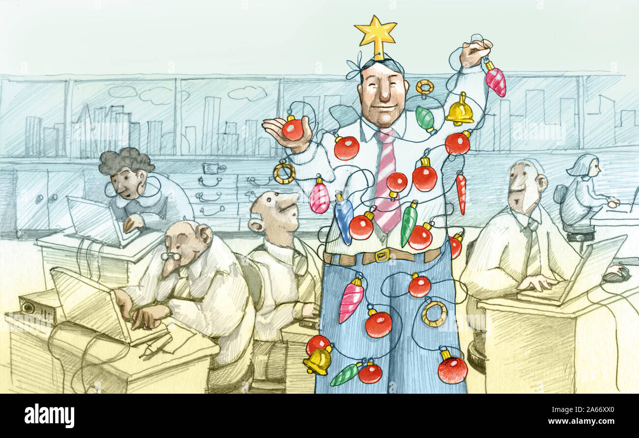 an employee works as a Christmas tree in an office humorous pencil draw ...