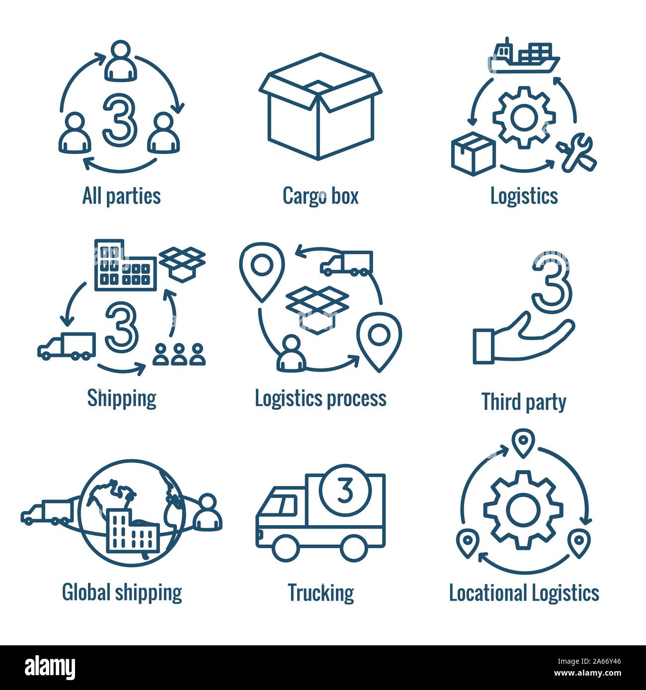 Logistics icon set w buildings, trucking, people and shipping box Stock ...