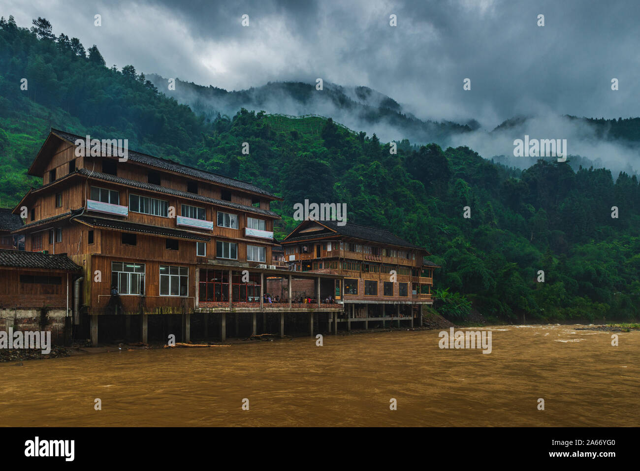 The old wooden structures of Longji Ancient Zhuang Village along the ...