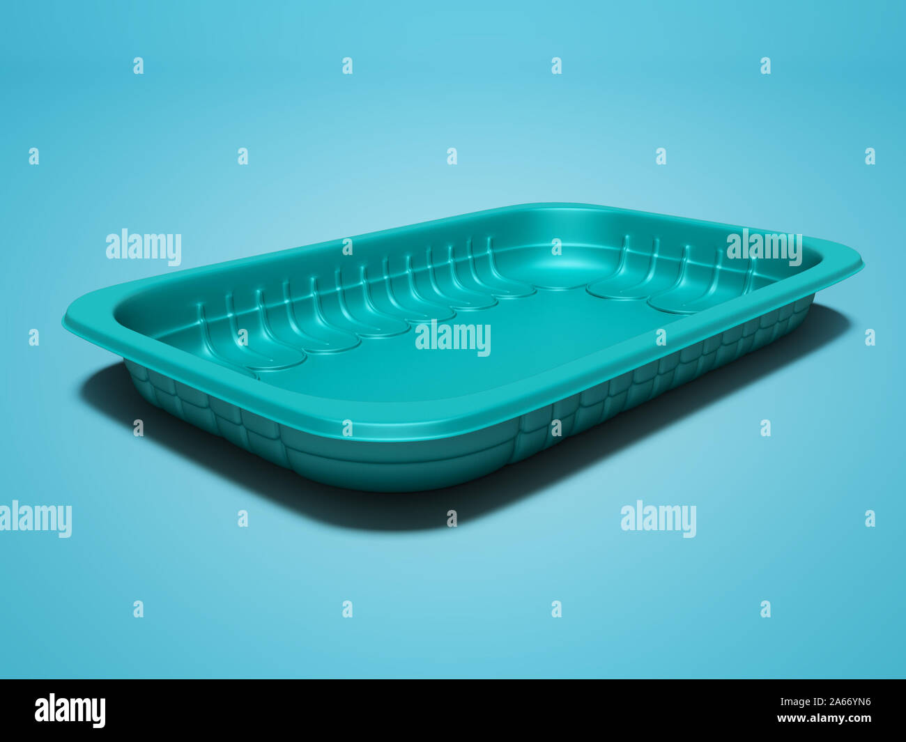 Blue plastic kitchen tray view perspective 3d render on blue background ...