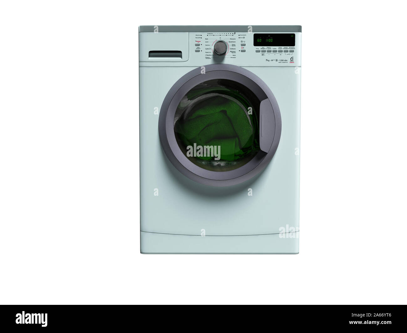 Blue washing machine with clothes washing clothes 3d render on white ...