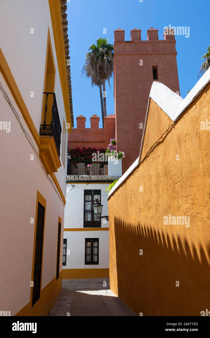 Colourful buildings in the centre of old Seville, Seville, Andalucia ...