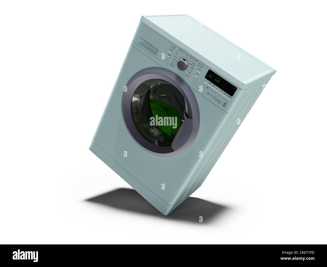 Blue washing machine is washing clothes 3d render on white background ...