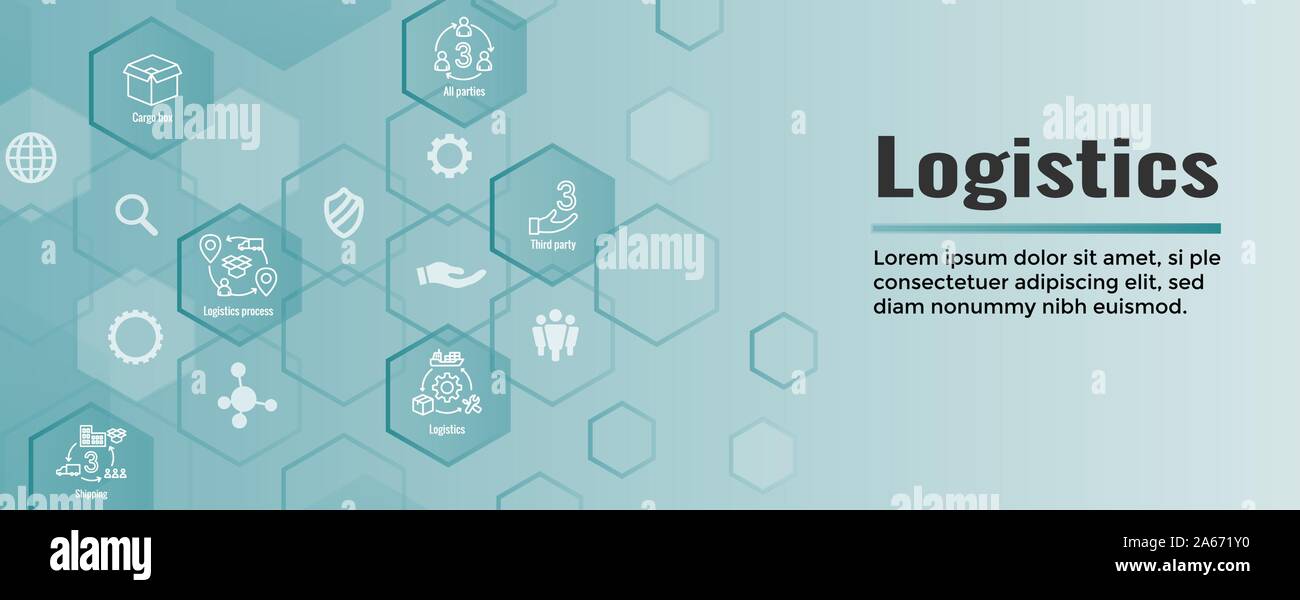 Logistics icon set and web header banner w buildings, trucking, people ...