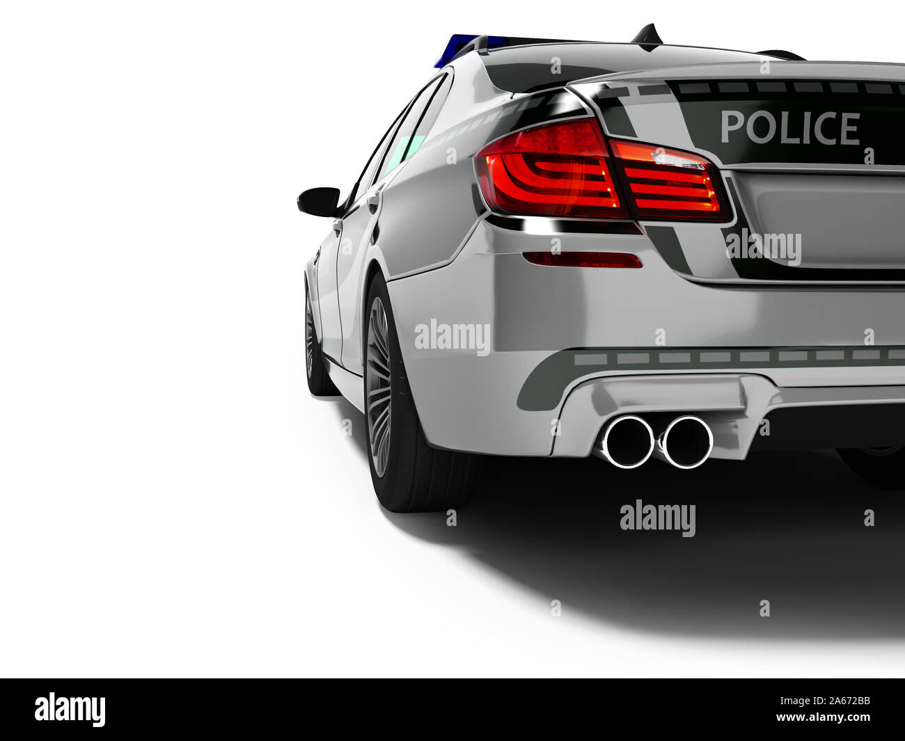 Police car sedan gray with green inserts rear view 3d render on white ...