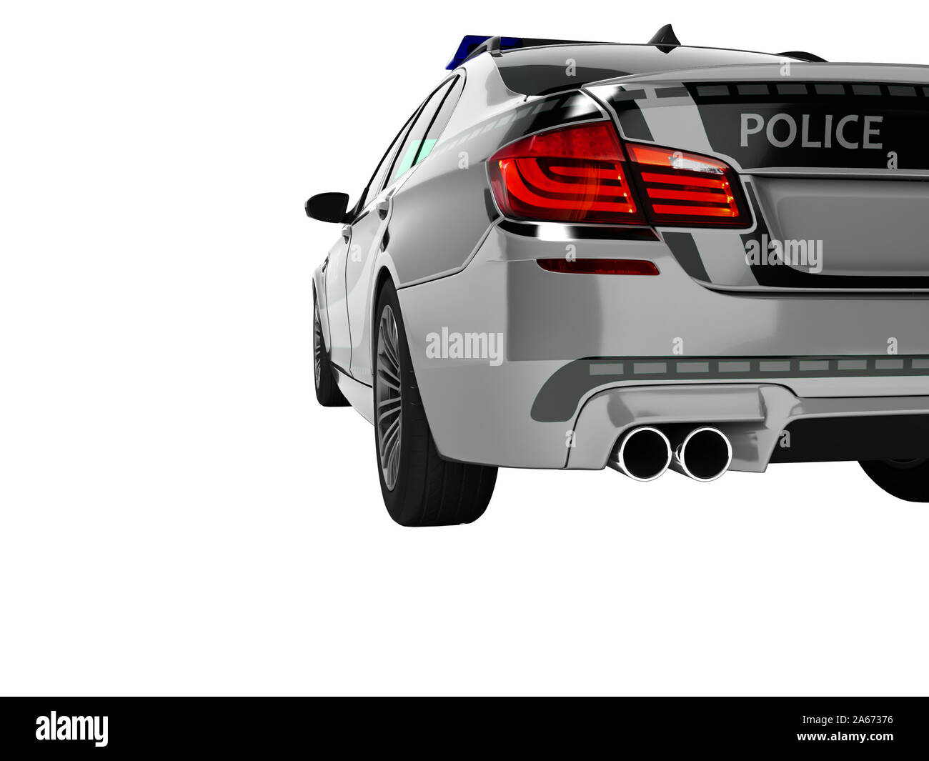 Police car sedan gray with green inserts rear view 3d render on white ...