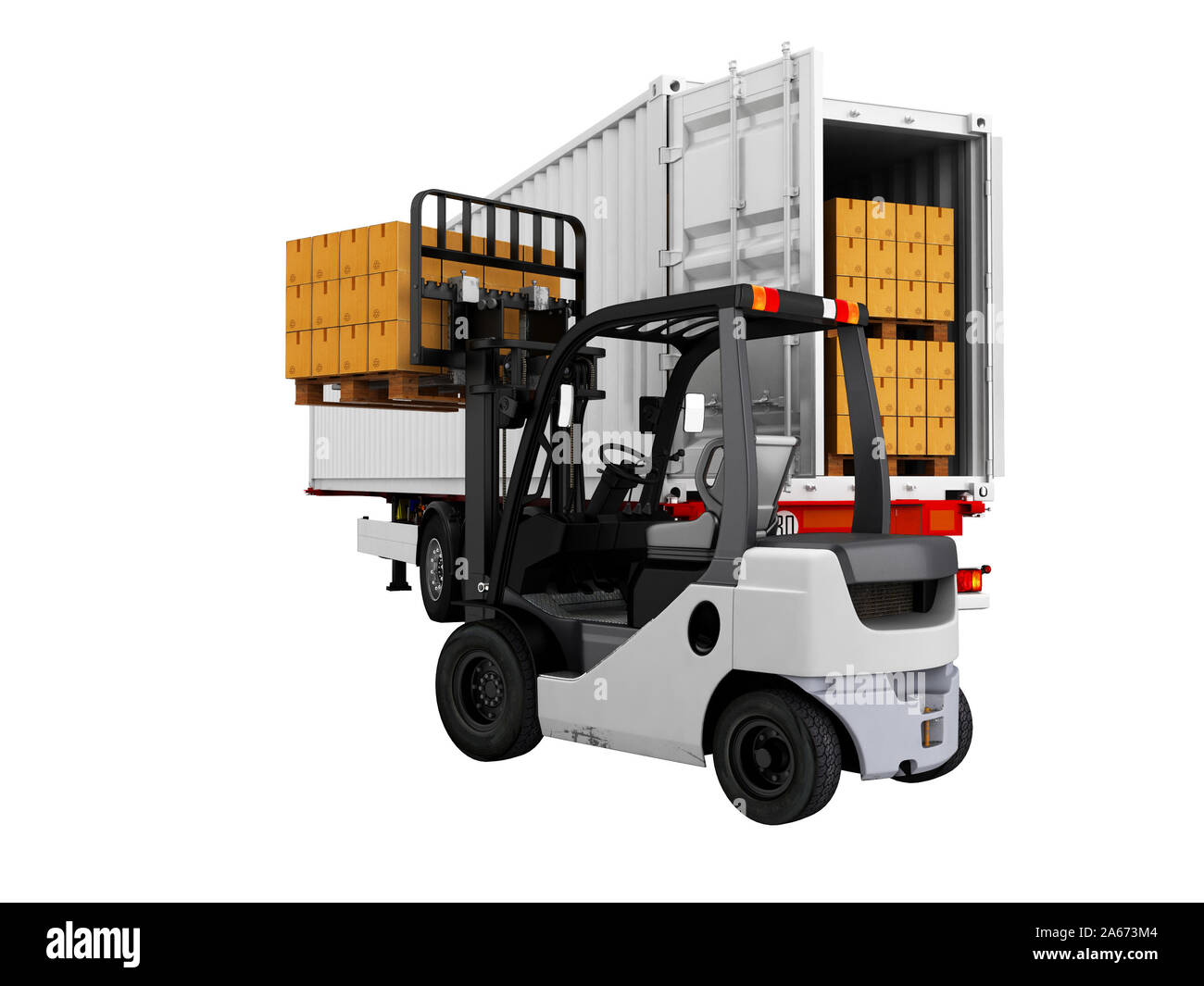 Unloading goods from trailer with forklift 3d render on white ...