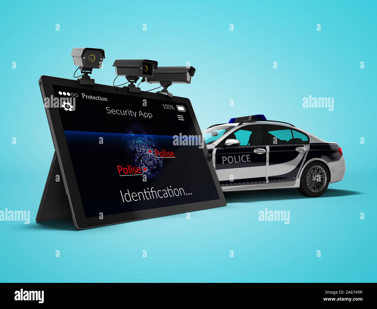 Police call concept via mobile render 3d render on blue background with ...