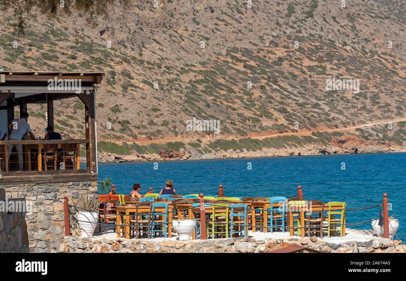 Plaka, Crete, Greece. October 2019. Food and drink on the waterfront at ...