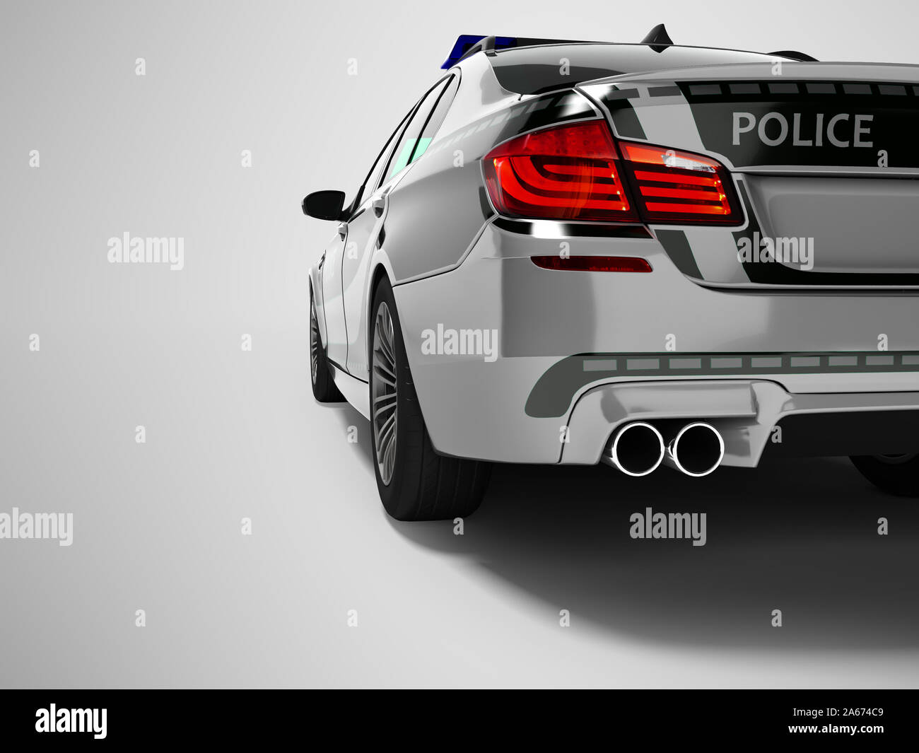 Police car sedan gray with green inserts rear view 3d render on gray ...