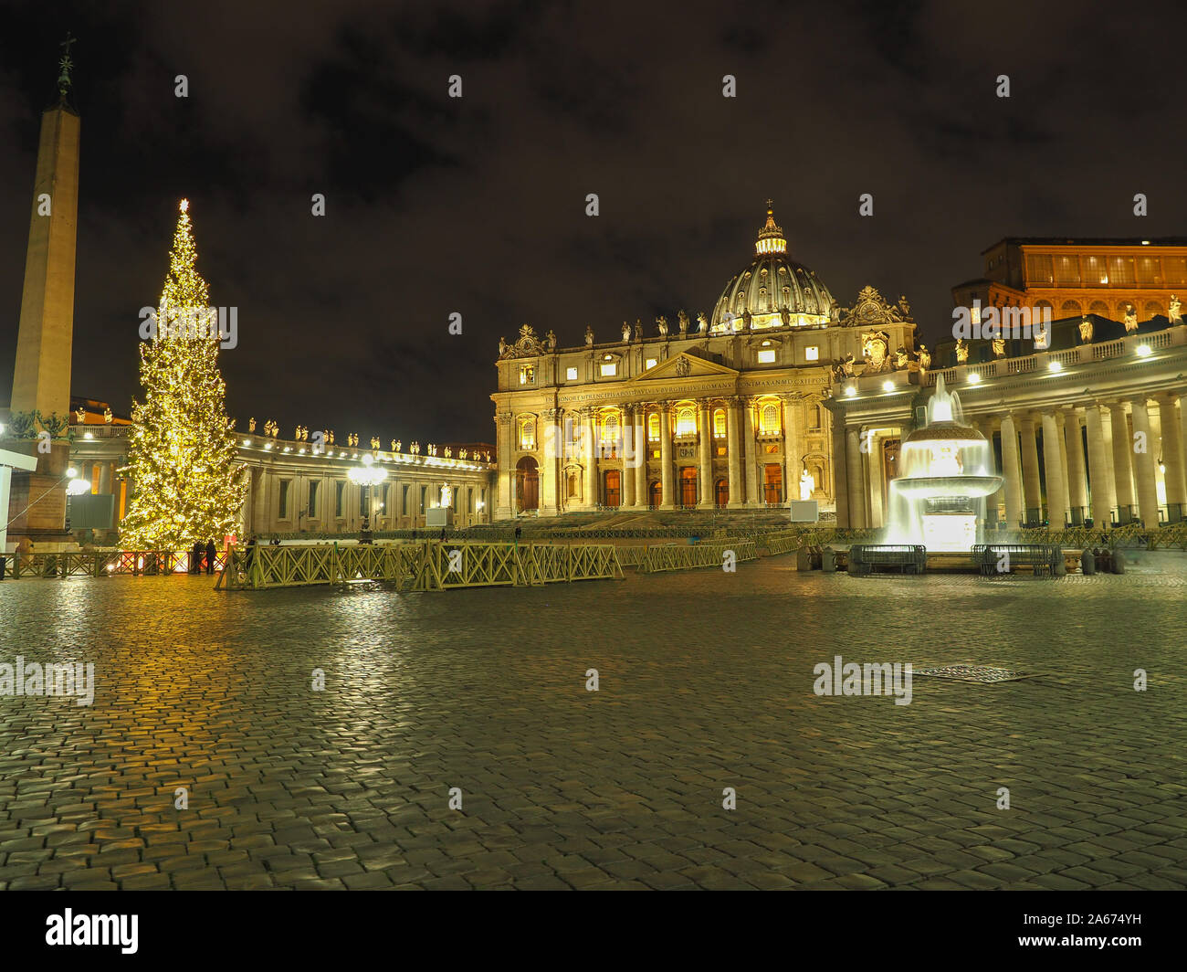 Vatican City at Night. View to the Saint Peters Basilica with columns ...