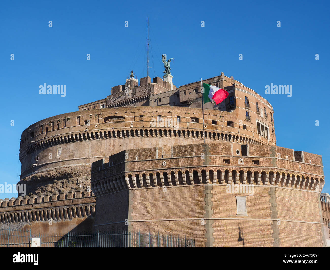 The upper part of fortress castle Holy Angel in Rome Italy. Famous Castel Sant'Angelo with ...