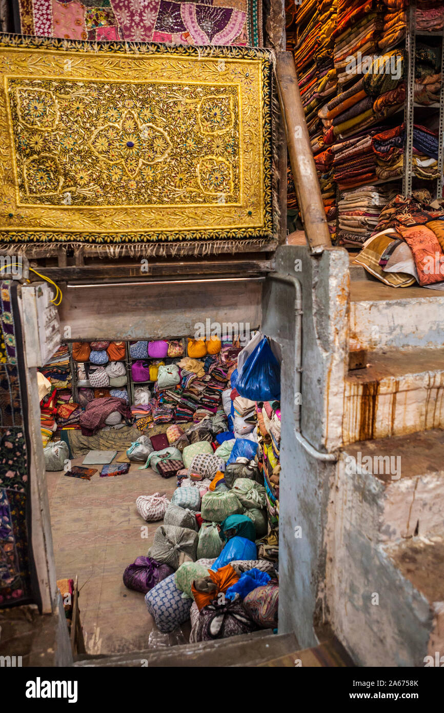 Piles of textiles / blankets in a textile warehouse, Jodhpur, Rajasthan ...
