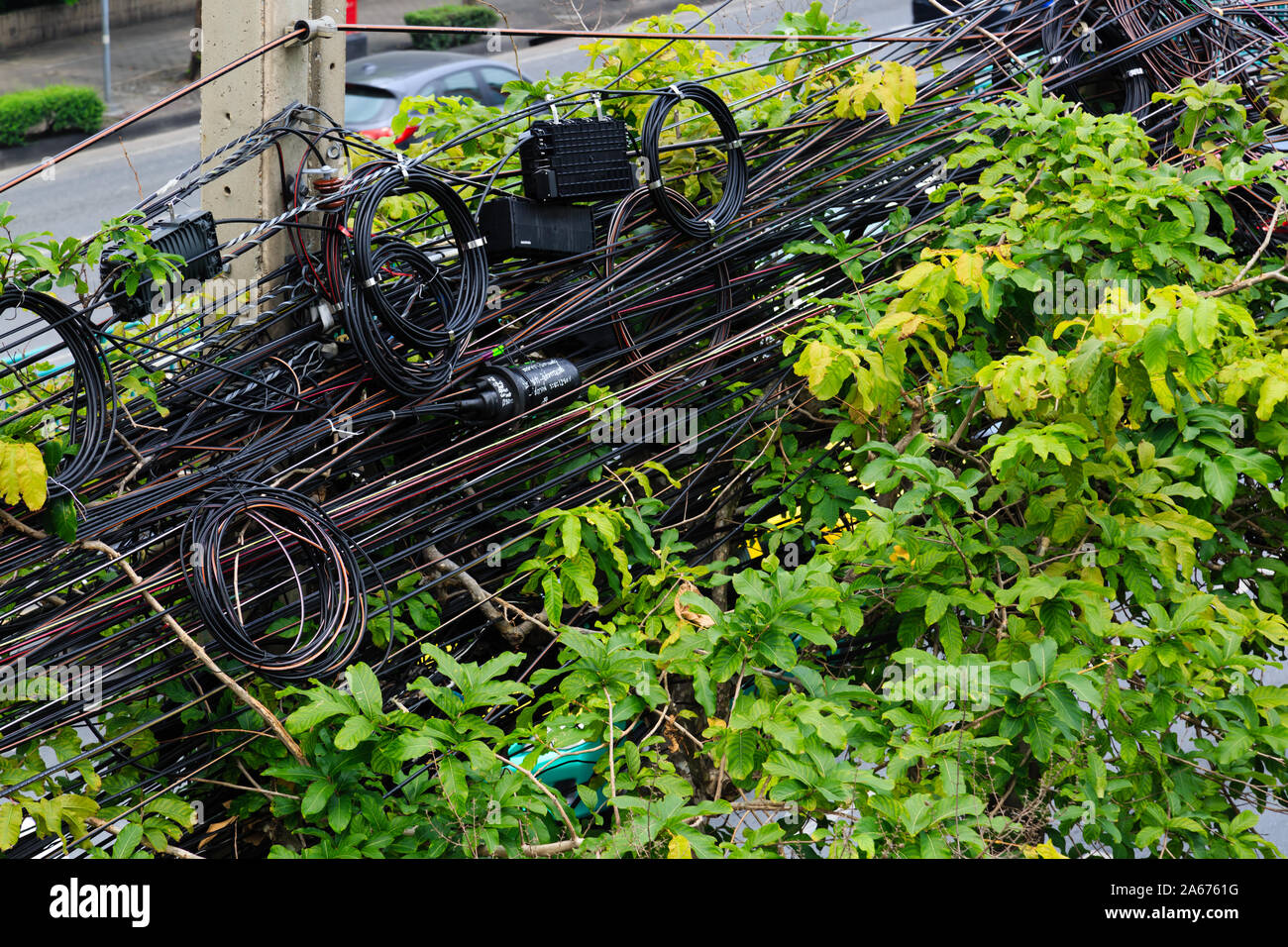 Bangkok,Thailand-01 APR 2018: Chaotic taggled mess of the electric ...