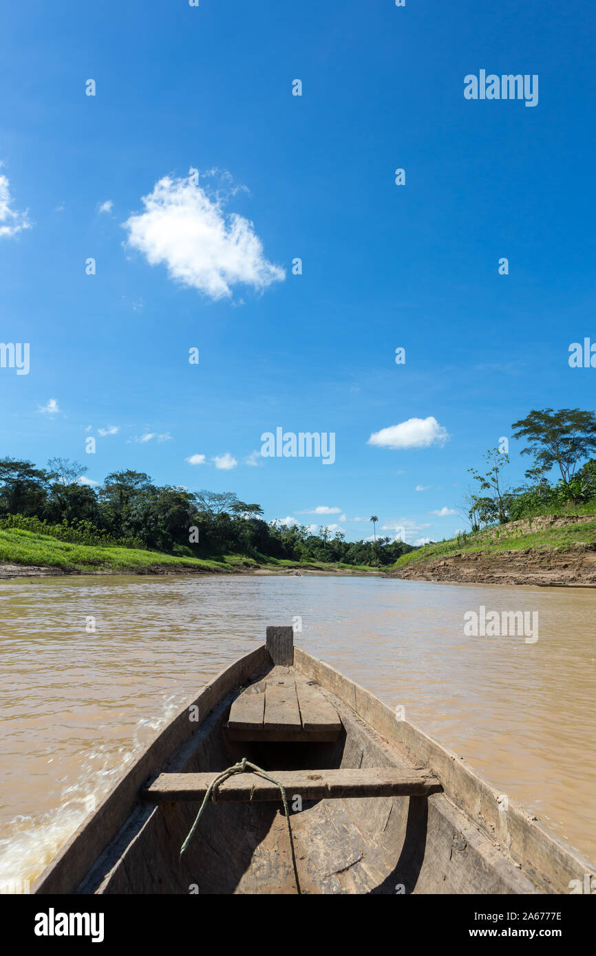 Inside view of rustic wooden motor boat sailing on Purus river in the ...