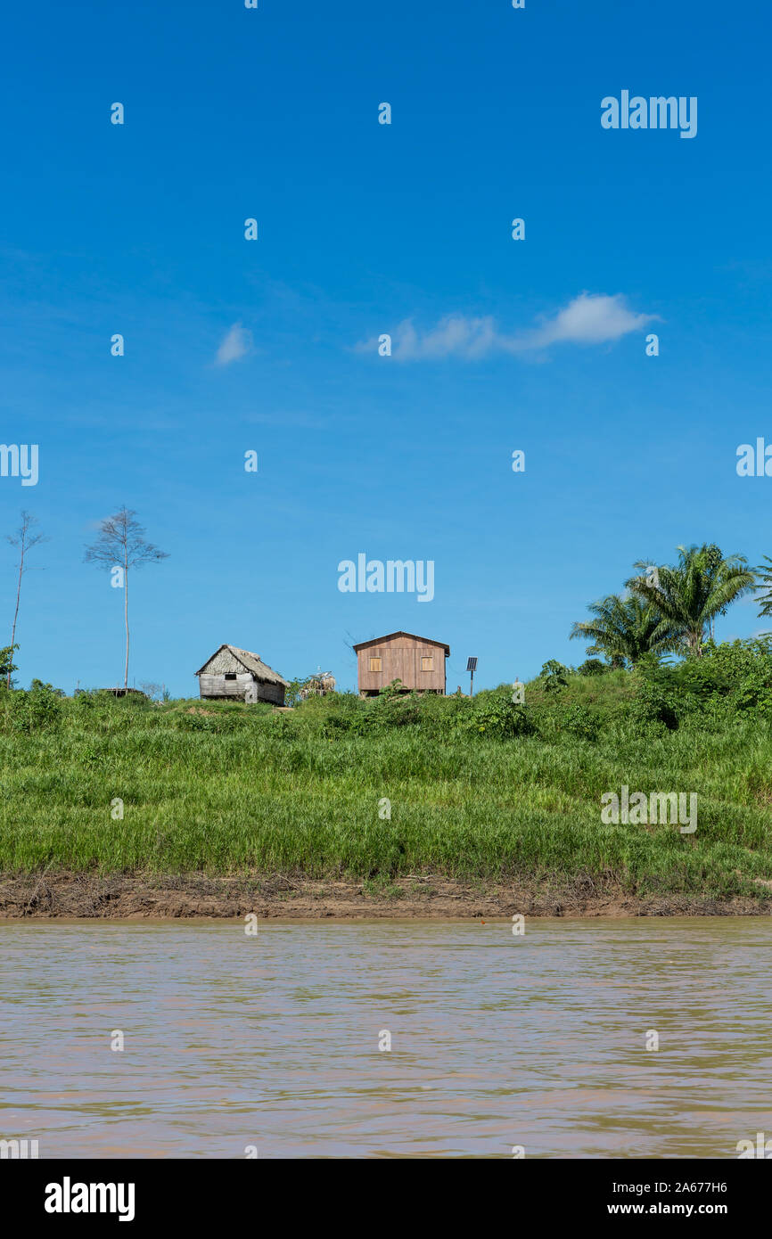 View of rustic wooden houses on Purus river bank in the Amazon ...