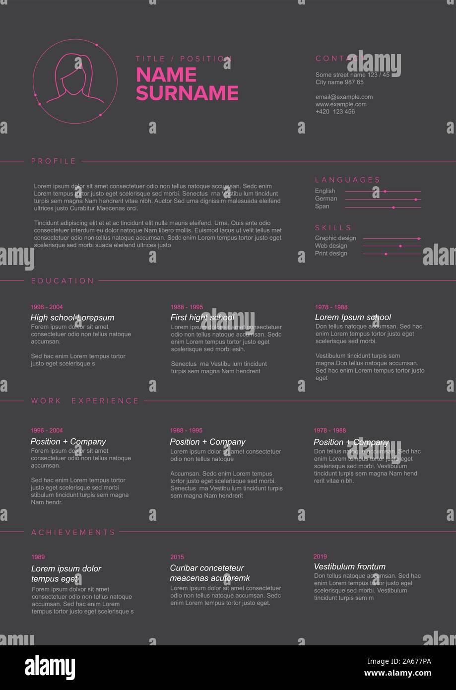 Vector girl or woman dark minimalist cv / resume template with content ...