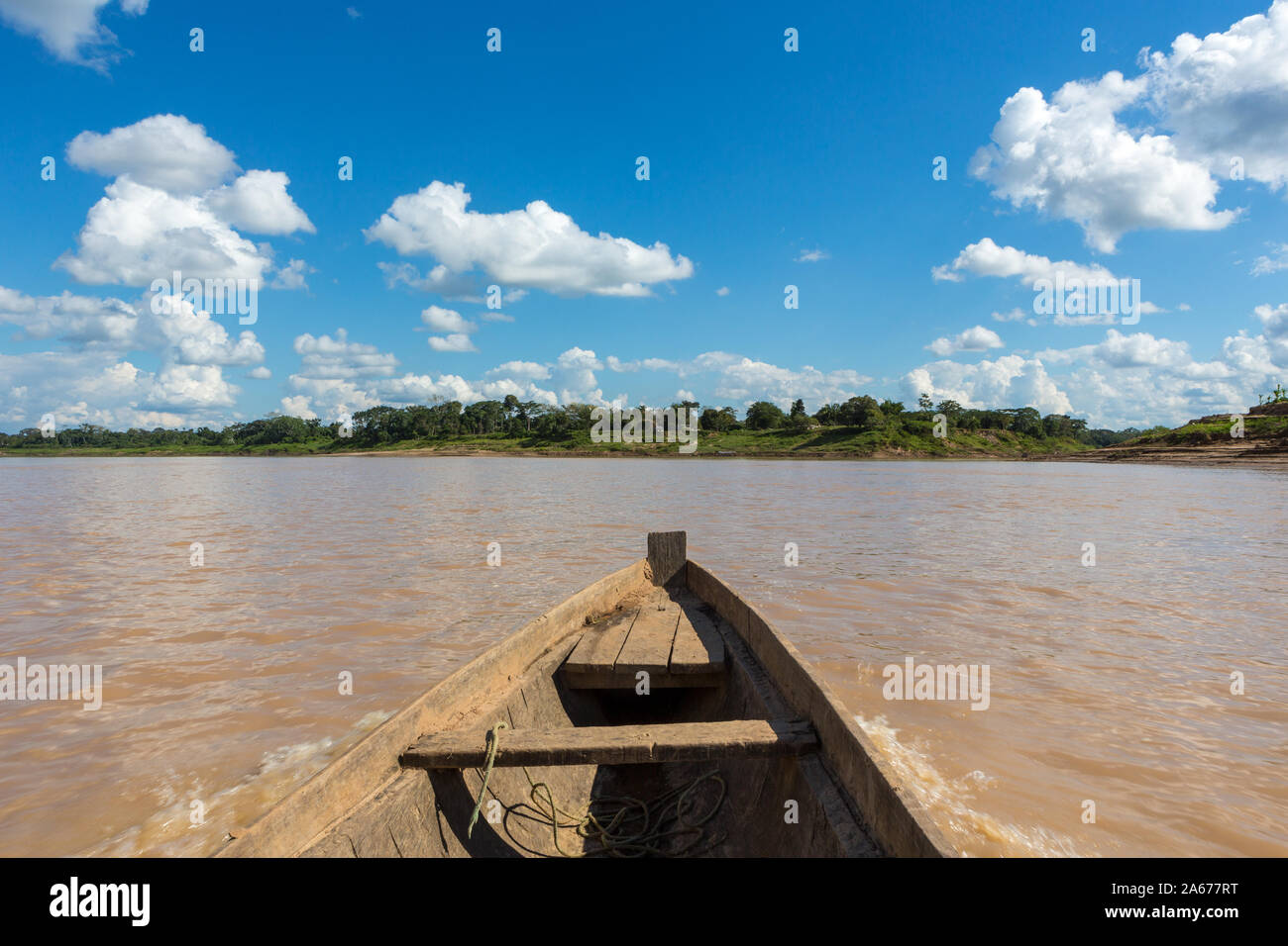Inside view of rustic wooden motor boat sailing on Purus river in the ...