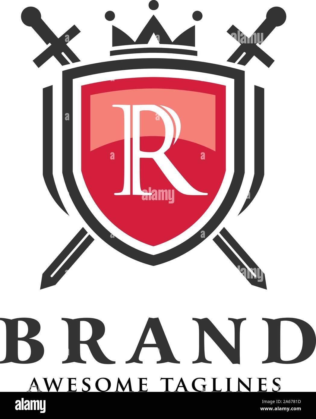 letter R with two crossed swords,shield with crown logo for uses as ...