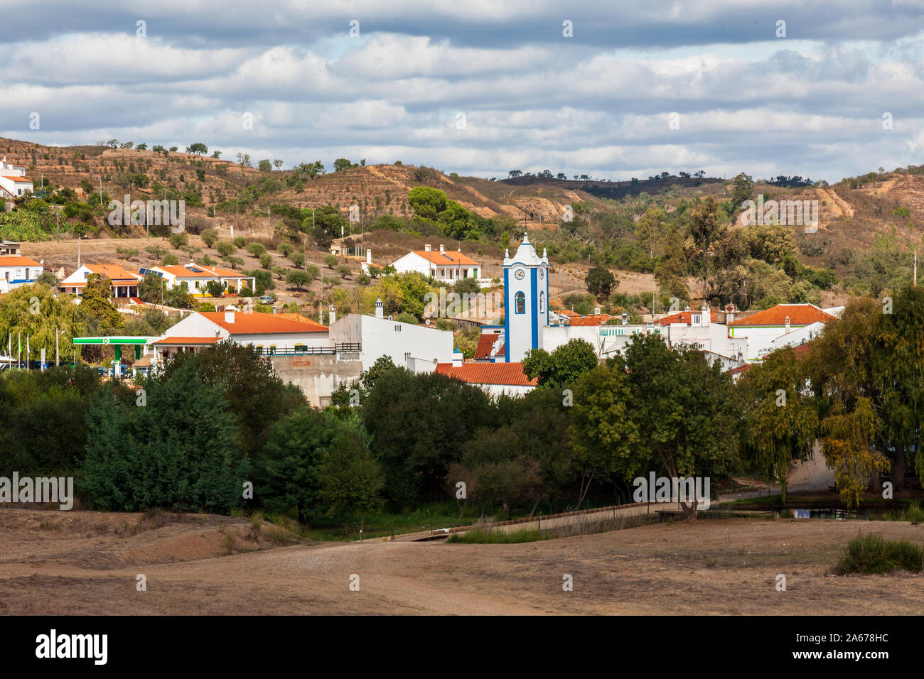view of blue church tower in the portugese countryside portugal Stock ...