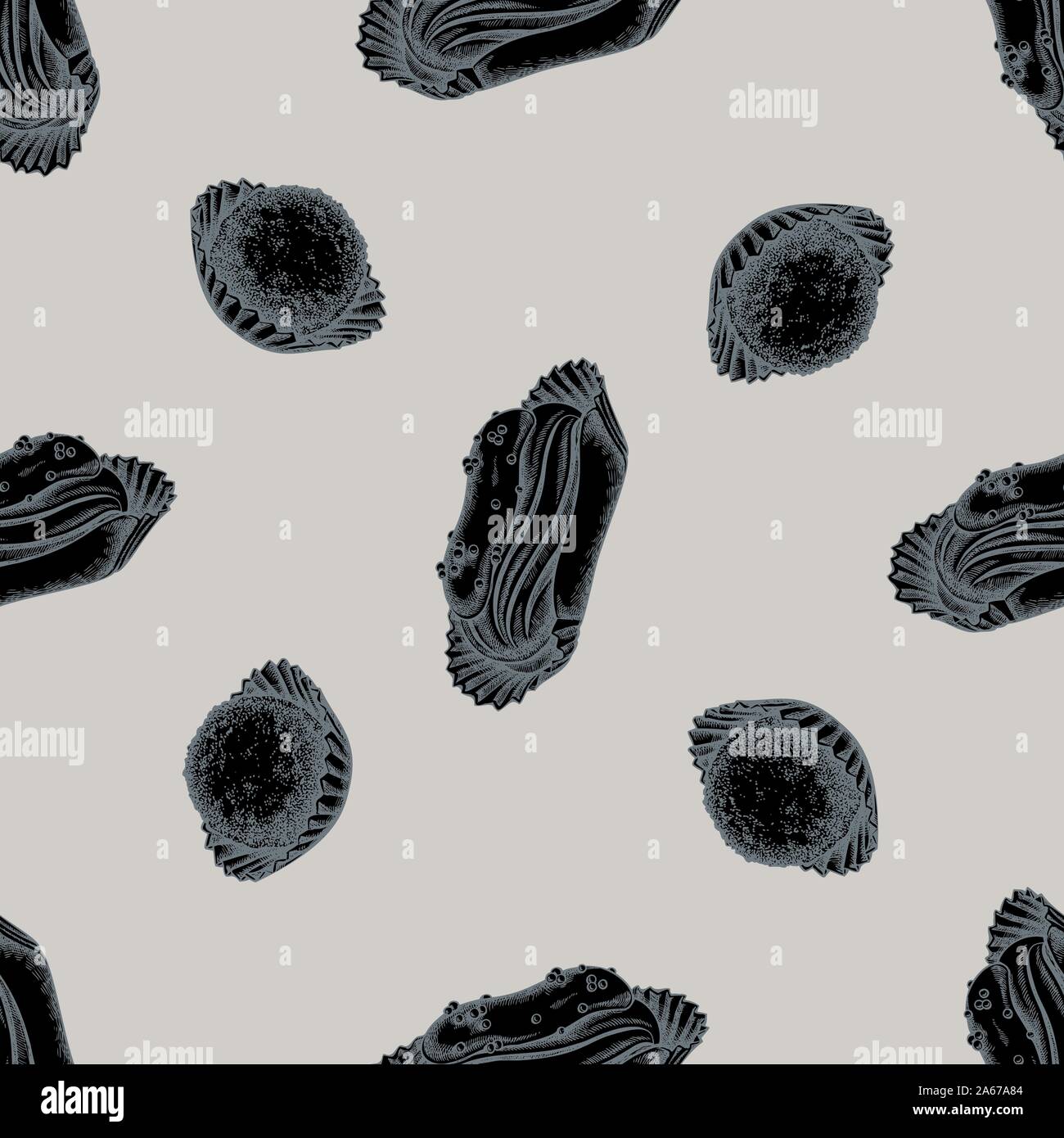 Seamless pattern with hand drawn stylized eclair, truffle stock ...
