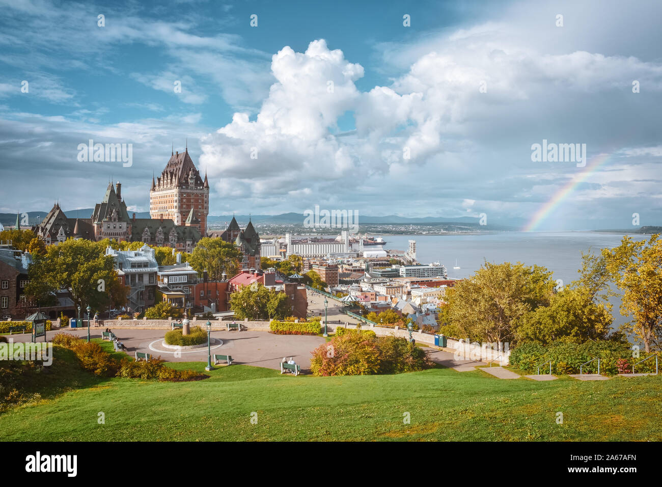 Panoramic Cityscape of Quebec in autumn. Sunny cloudy day, and rainbow ...