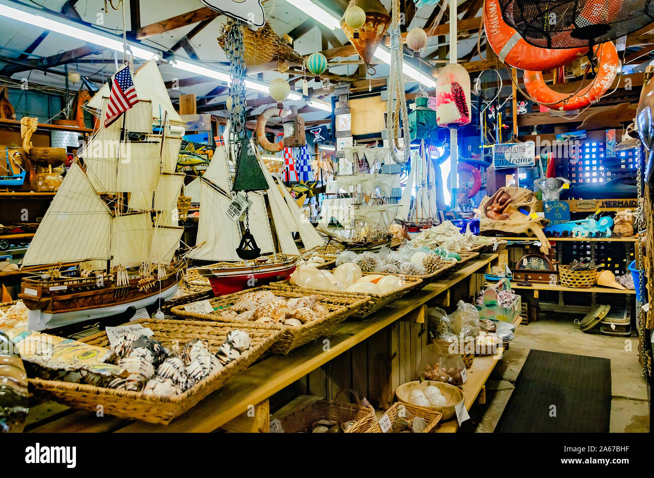 Seashells, model ships, nautical souvenirs, and memorabilia are crowded ...