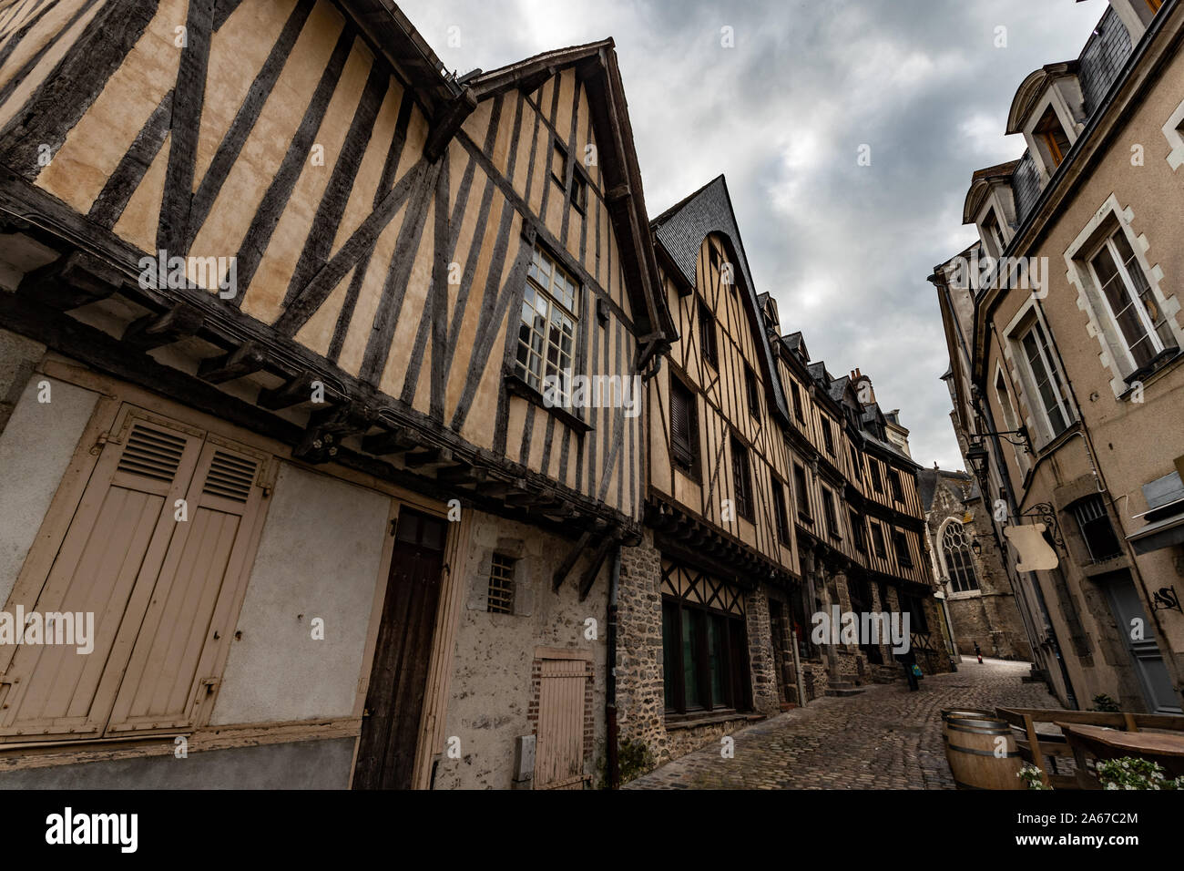 View of an old traditional french medieval houses in old town Laval, La ...