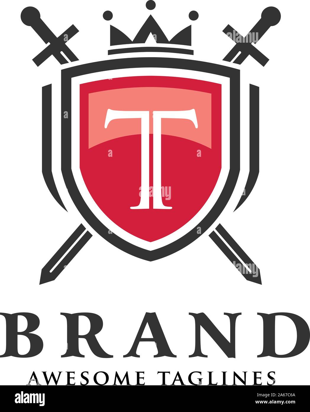letter T with two crossed swords,shield with crown logo for uses as heraldic symbol of power ...
