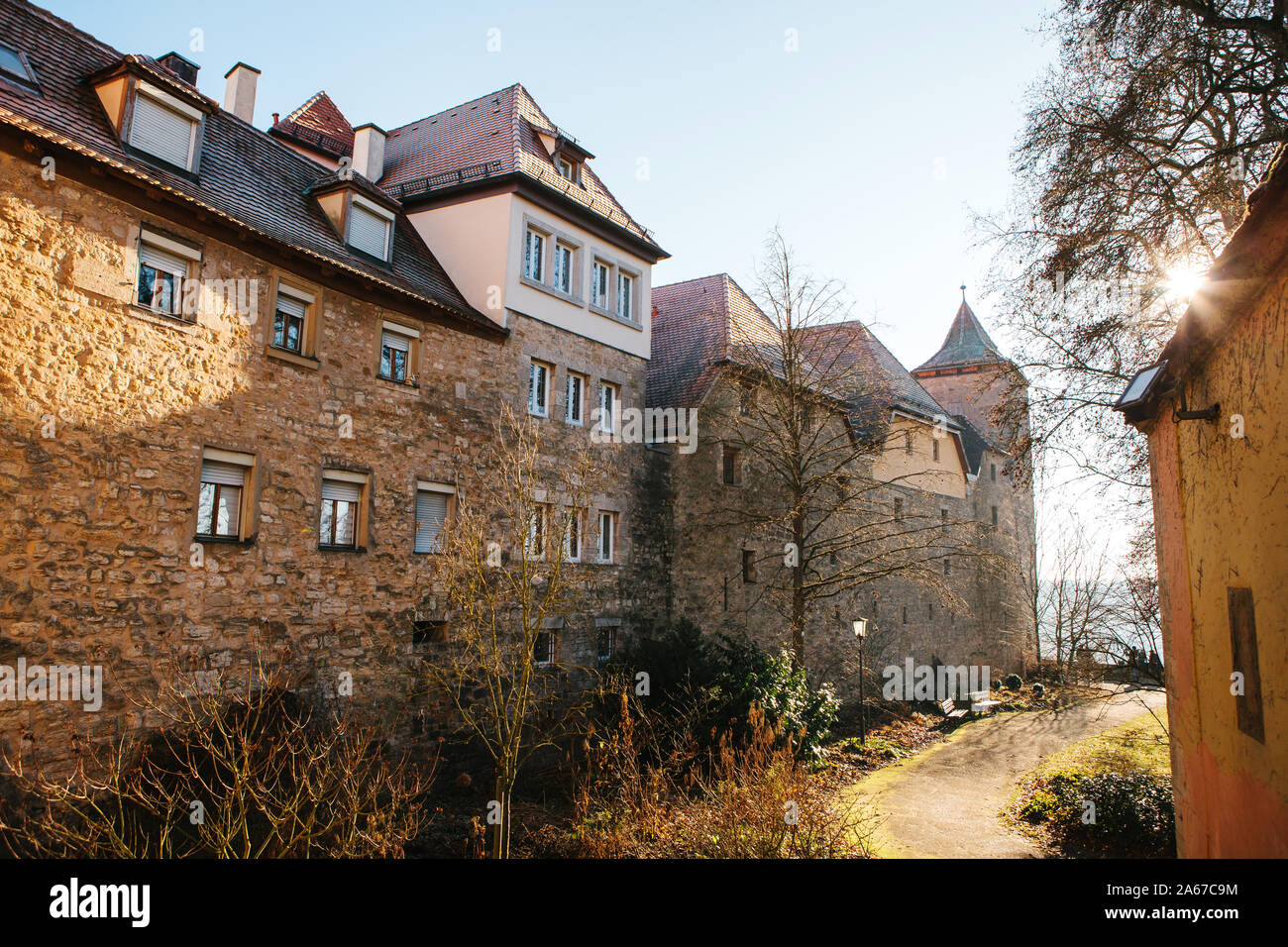 View of the old stone castle in Rothenburg ob der Tauber in Germany ...