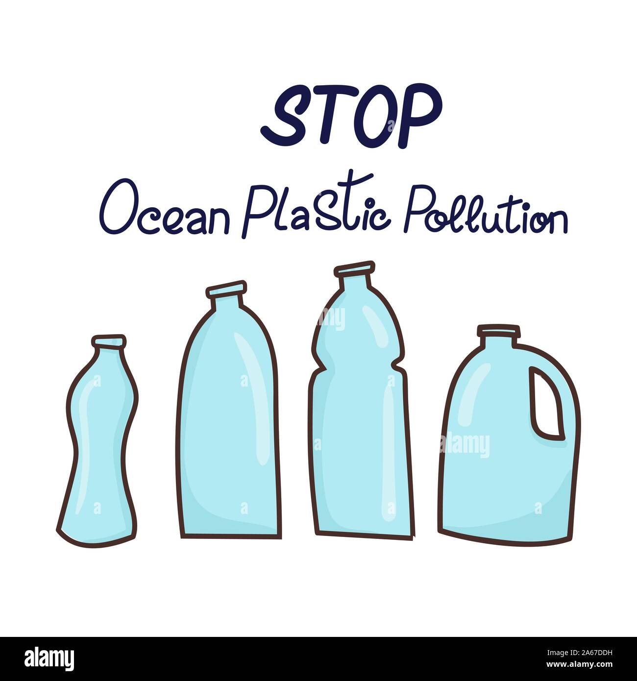 Stop ocean plastic pollution hand drawn lettering phrase and plastic ...